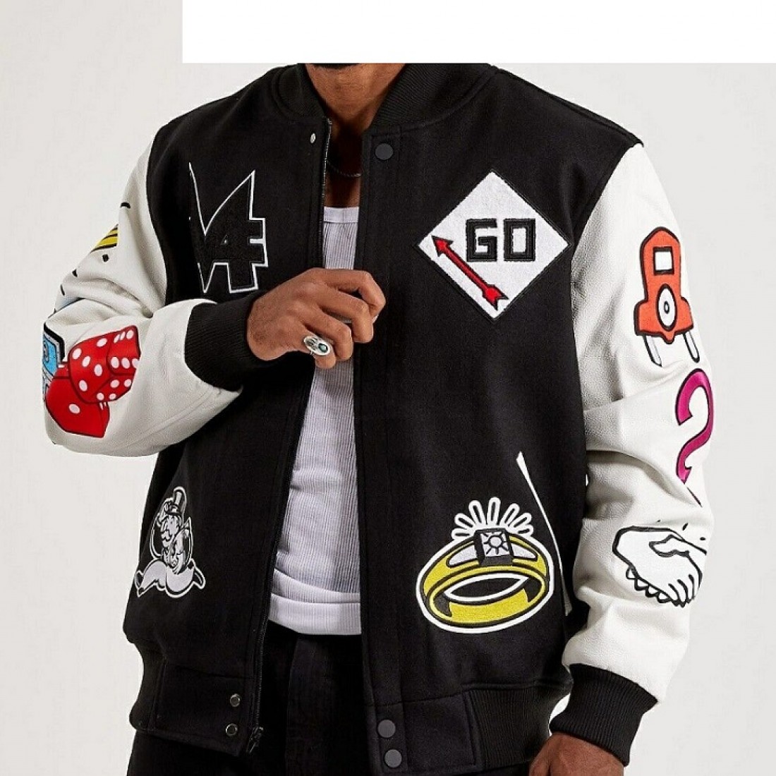 Men's Embroidered Monopoly Patches Black Varsity Jacket