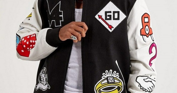 Men's Embroidered Monopoly Patches Black Varsity Jacket
